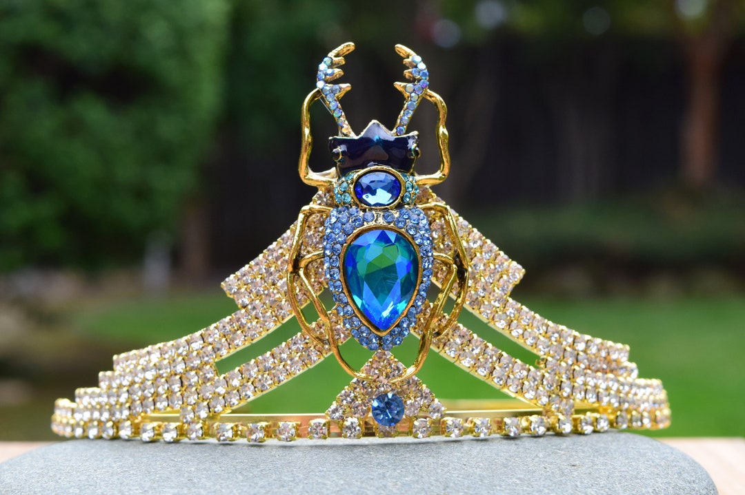 Scarab Tiara, Egyptian Goddess Crown, Blue and Gold Khepri Rhinestone ...