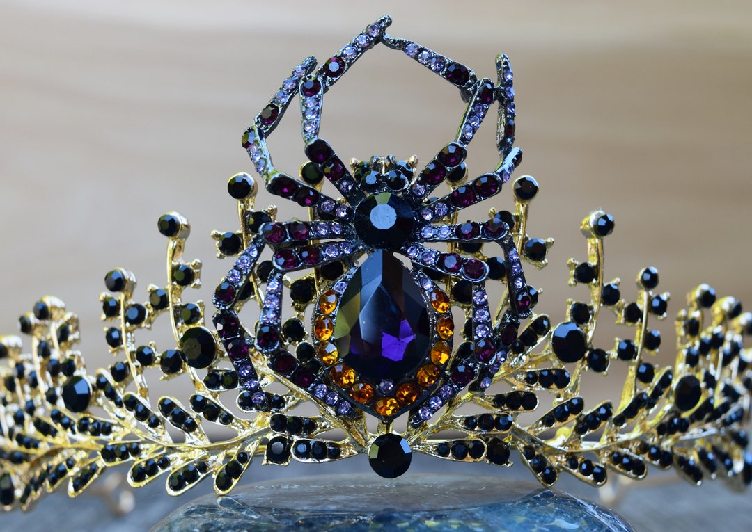 Spider Queen Tiara, Vampire Crown, Gold and Black Rhinestone Gothic ...