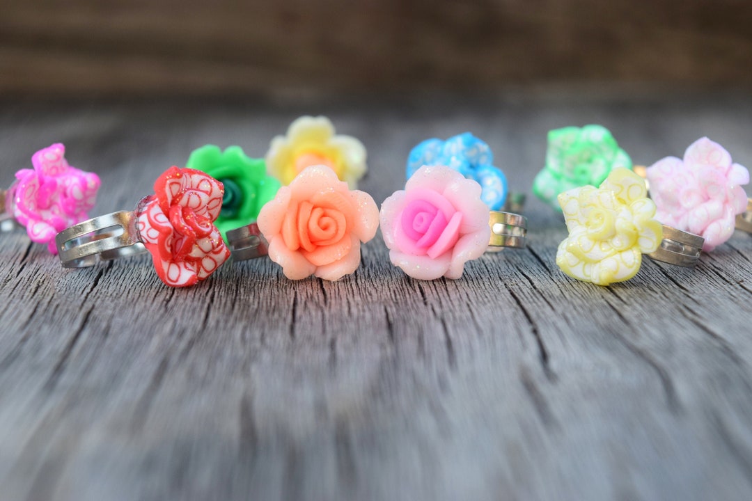 Kids Glitter Flower Rings, Small Adjustable Ring for Children, Polymer ...