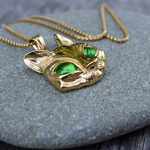 Gold Cat Head Green Eyes Necklace, Gift for Cats Fan, Cat Face With ...