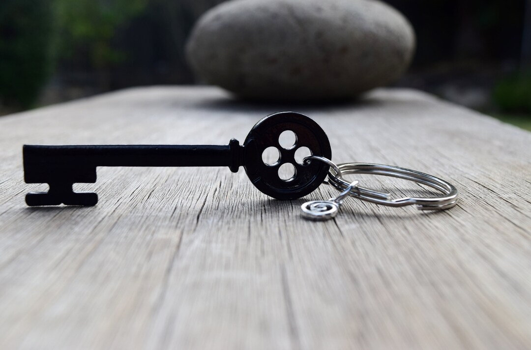 Black Skeleton Key Necklace or Keychain, Metal Black Button Key ...