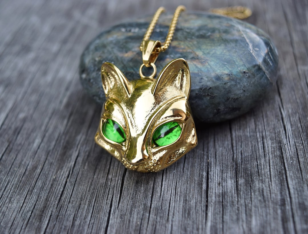Gold Cat Head Green Eyes Necklace, Gift for Cats Fan, Cat Face With ...