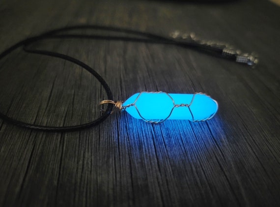 Wire Wrapped Glow Crystal Mens Womens Kids Black Faux Leather Glowing Blue Stone Necklace Gift 2 Zombies Fan Wynter Werewolf Kida Cosplay Etsy