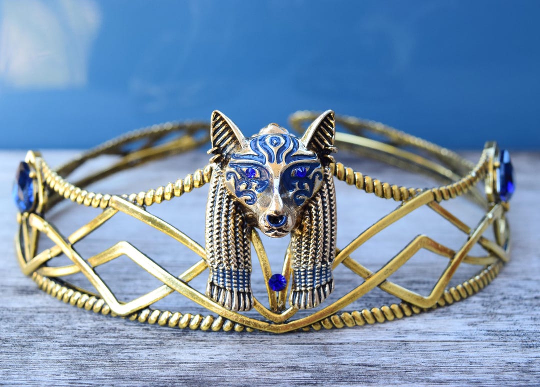 Men's Egyptian Crown, Metal Gold & Blue Anubis Crown, Adjustable Full ...
