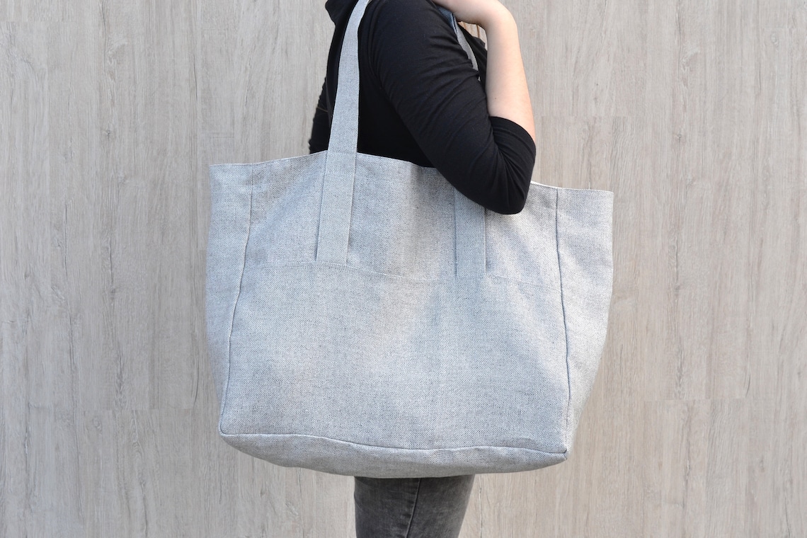 Linen Canvas Bag Linen Tote Bag Grey and White Linen Tote - Etsy