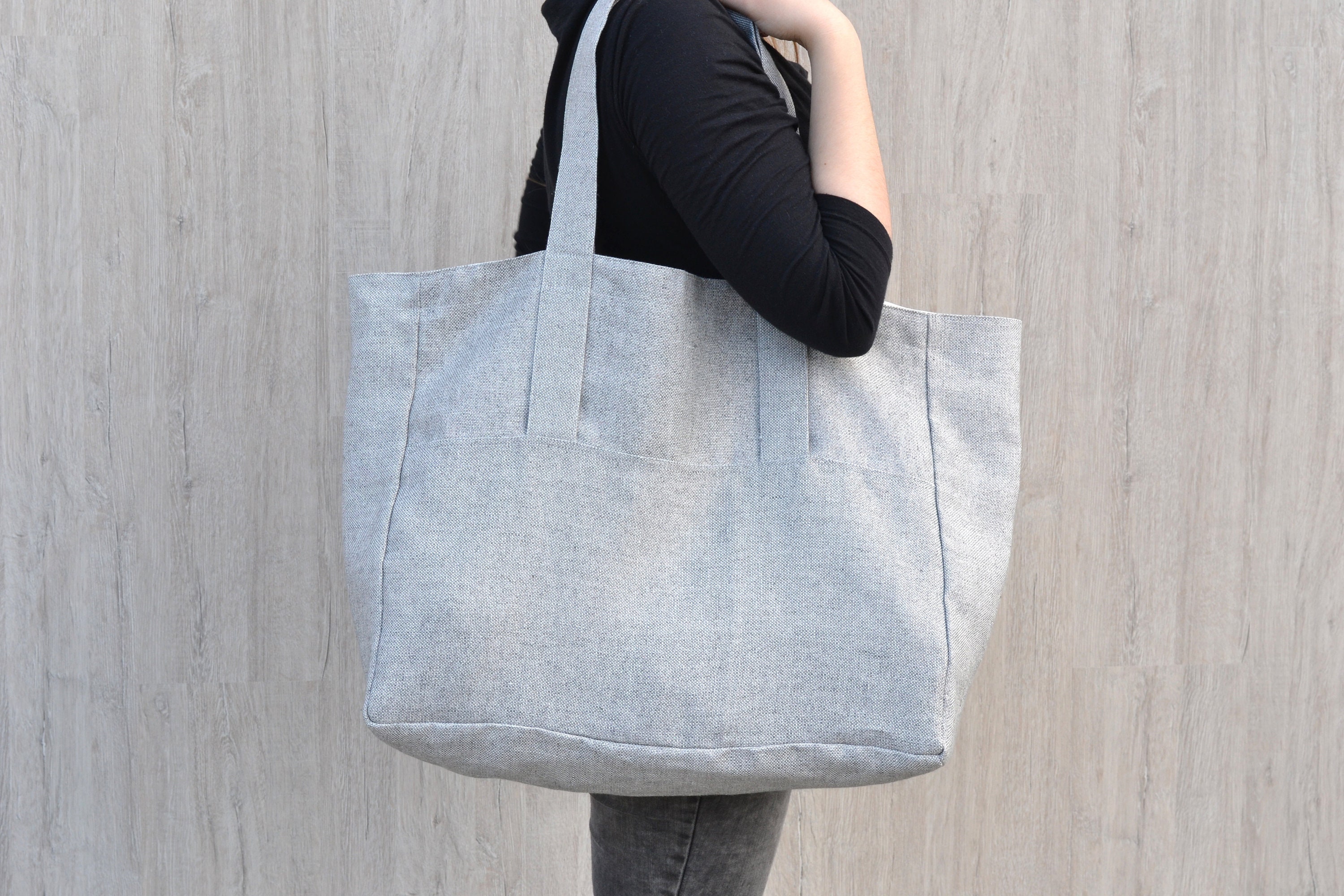 Linen Canvas Bag Linen Tote Bag Grey and White Linen Tote - Etsy