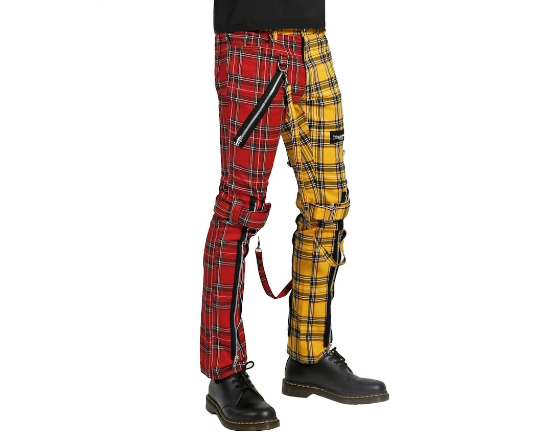 Men Rebel Rock EMO Bondage Straps Punk Split Leg Plaid Jeans Pant ...