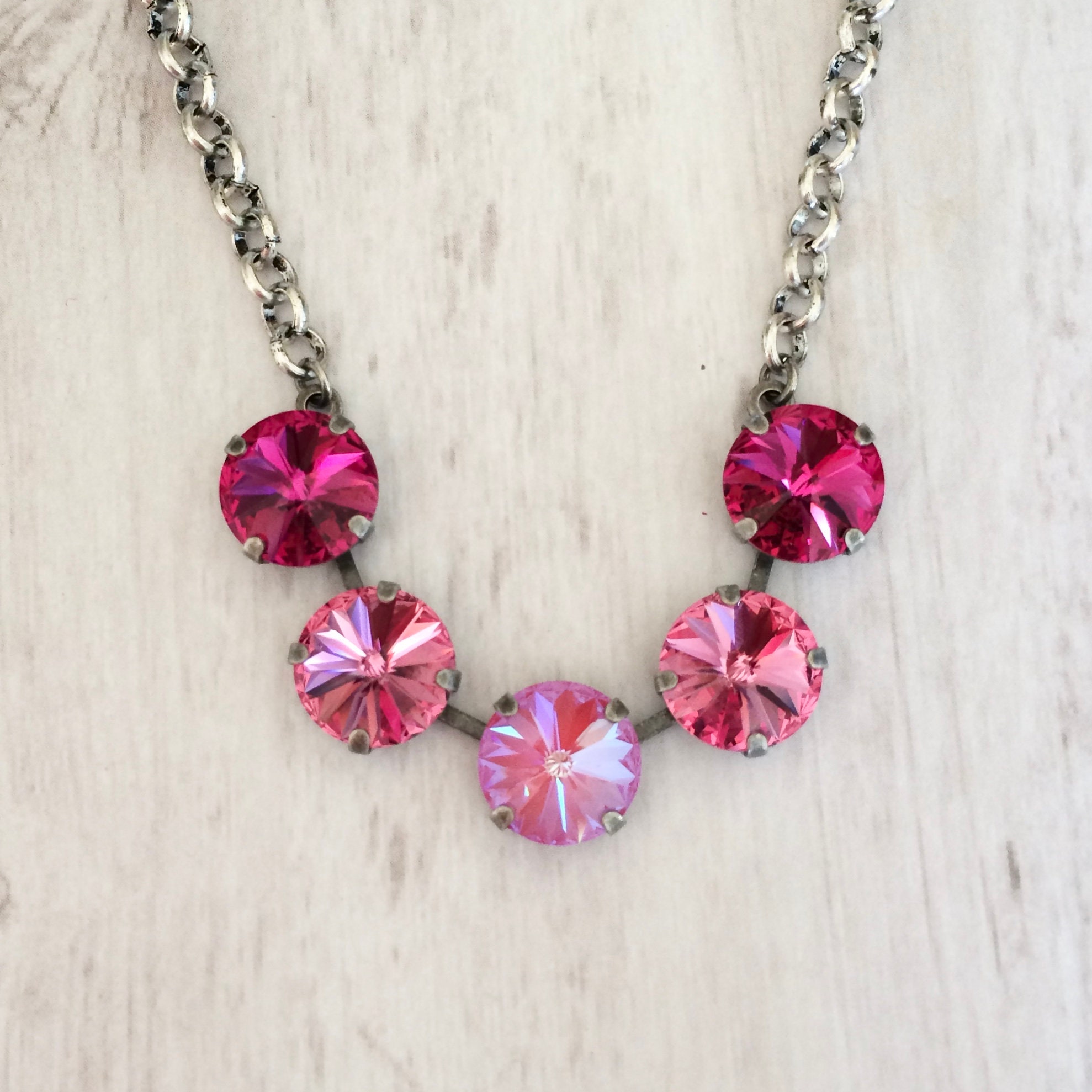 Hot Pink Fuchsia 12mm Five 5 Stone Necklace ~ Antique Silver ...