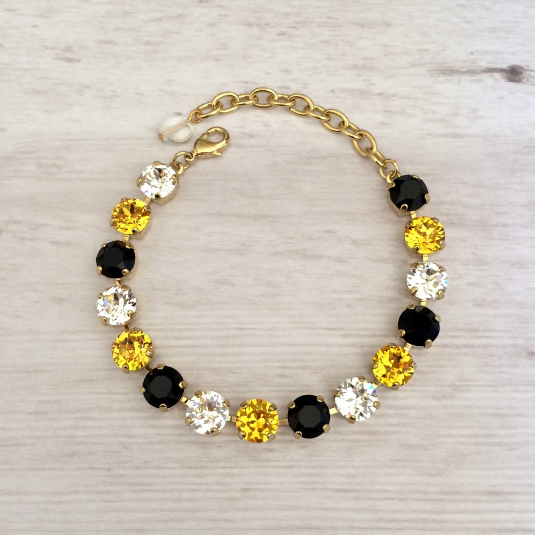 Pittsburgh Pride 8mm Crystal Bracelet ~ Gold Finish ~ Jet Black, Clear ...