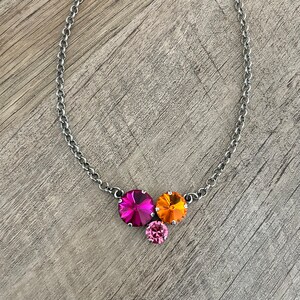 Burnt Magenta Tri Crystal Three Stone Necklace Hot Fuchsia Pink Rare ...