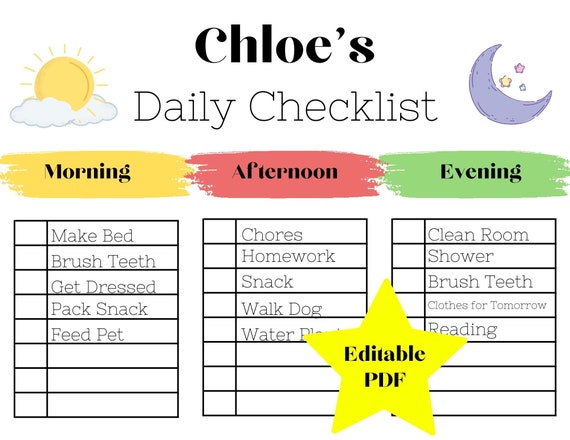 Kids Daily Checklist Editable PDF Template - Etsy