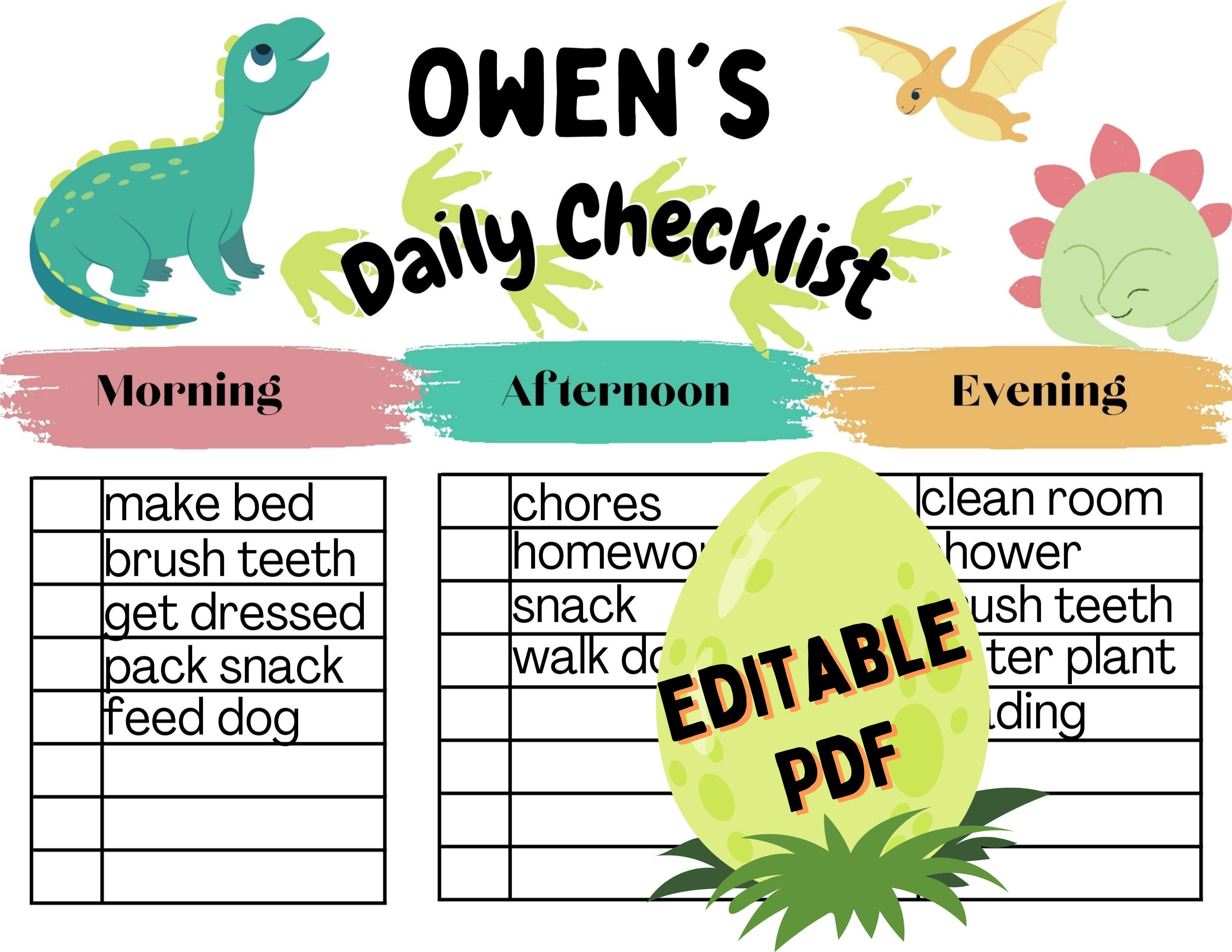 Kids Daily Checklist Editable PDF Template Dinosaurs - Etsy