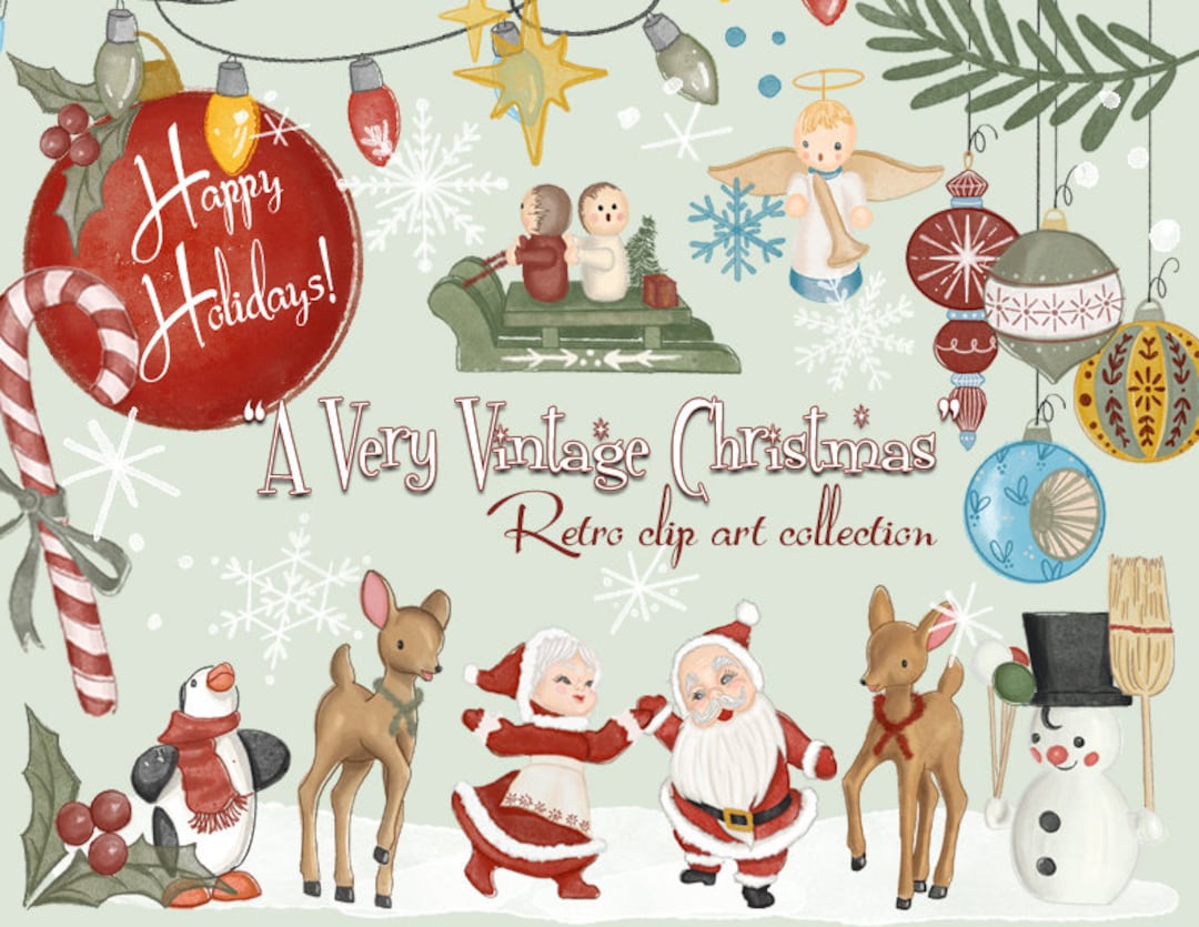 Vintage Christmas Clip Art Collection, Vintage Christmas Design ...