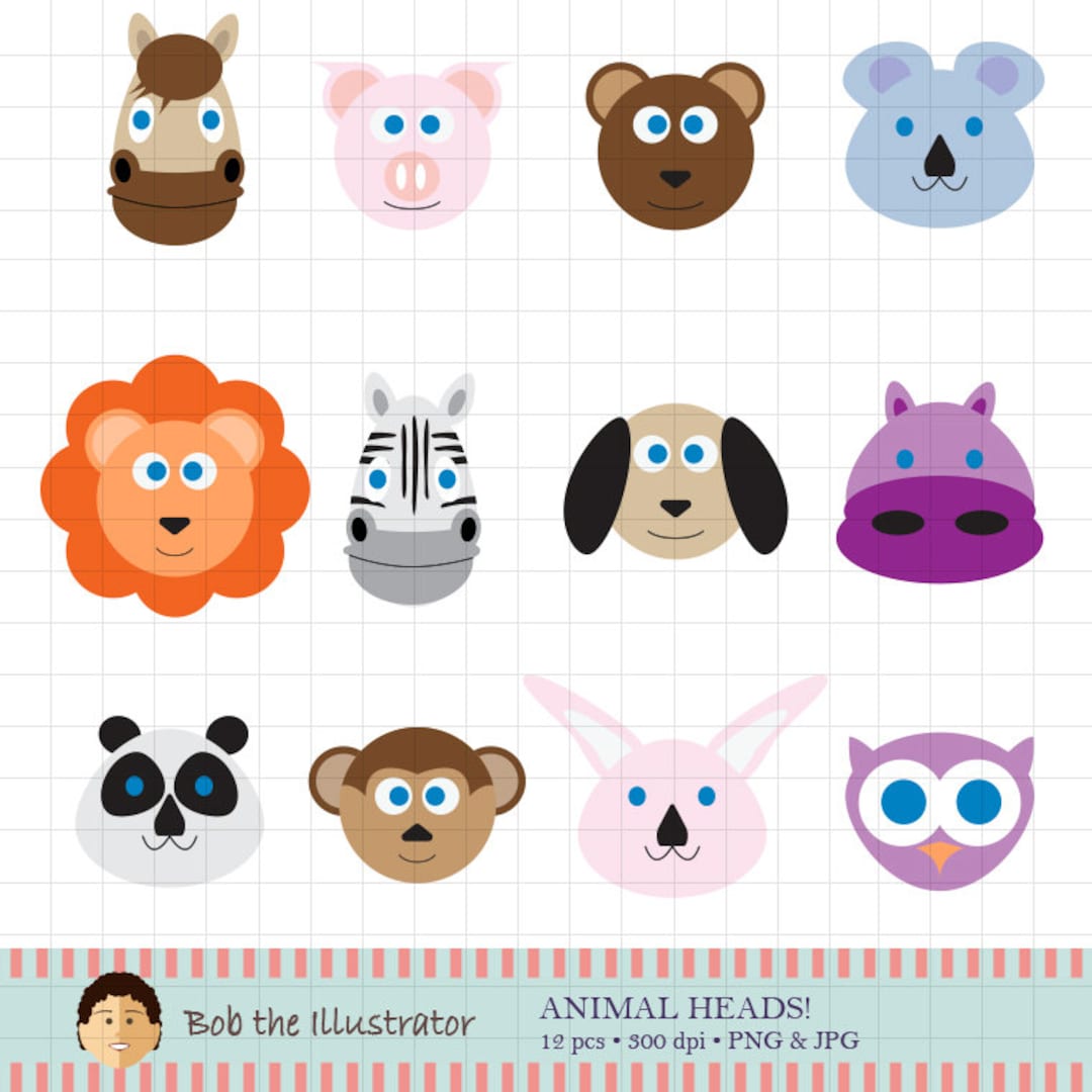 Animal Head Clip Art Owl, Horse, Dog, Bear, Lion, Hippo, Panda, Monkey ...