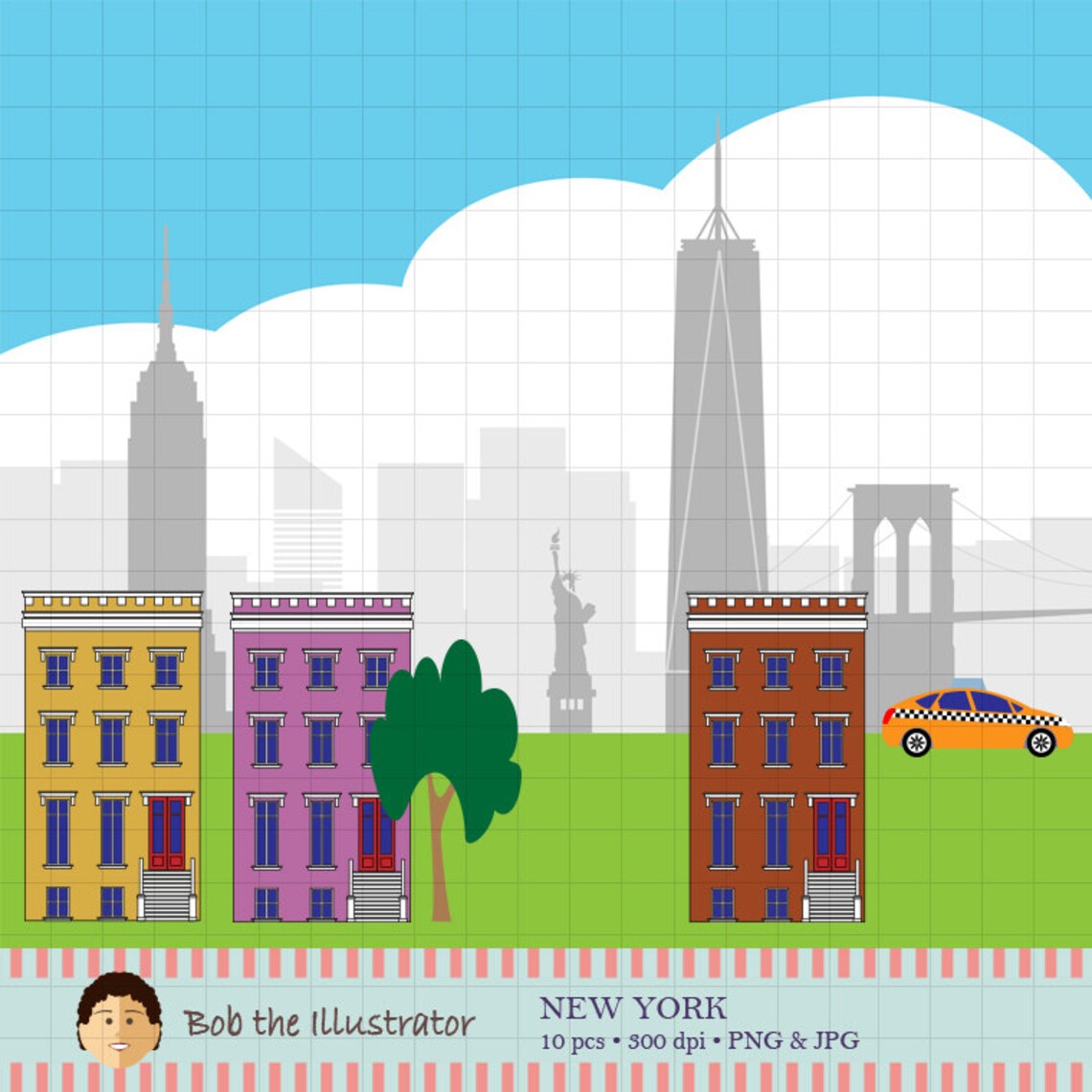 New York City Clipart, Brooklyn Bridge, Brownstones, Taxi. Commercial ...