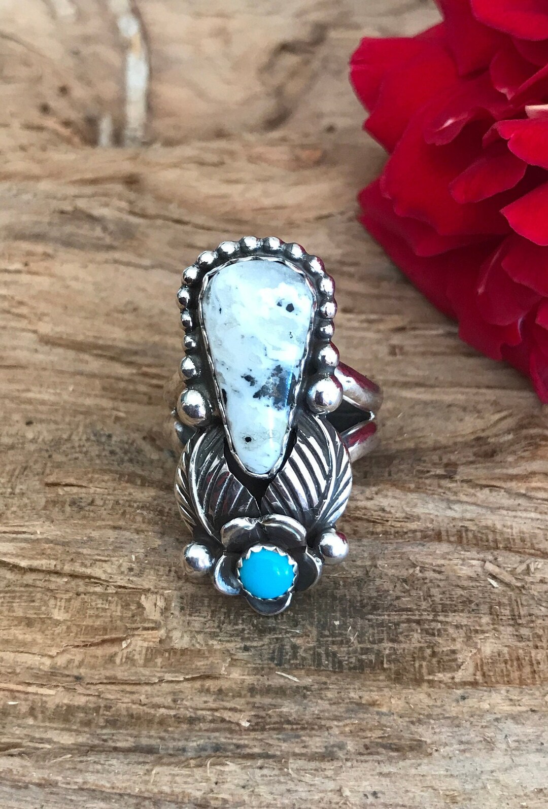 White Buffalo Turquoise Ring With a Turquoise Wildflower, Southwestern Jewelry, Bohochic ...
