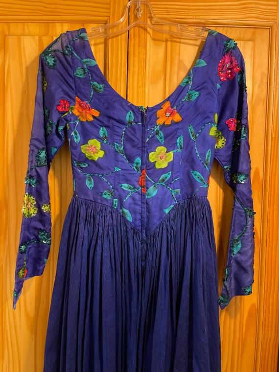 Vintage Royal Blue 80s Prom Dress With Floral Bodice Gem