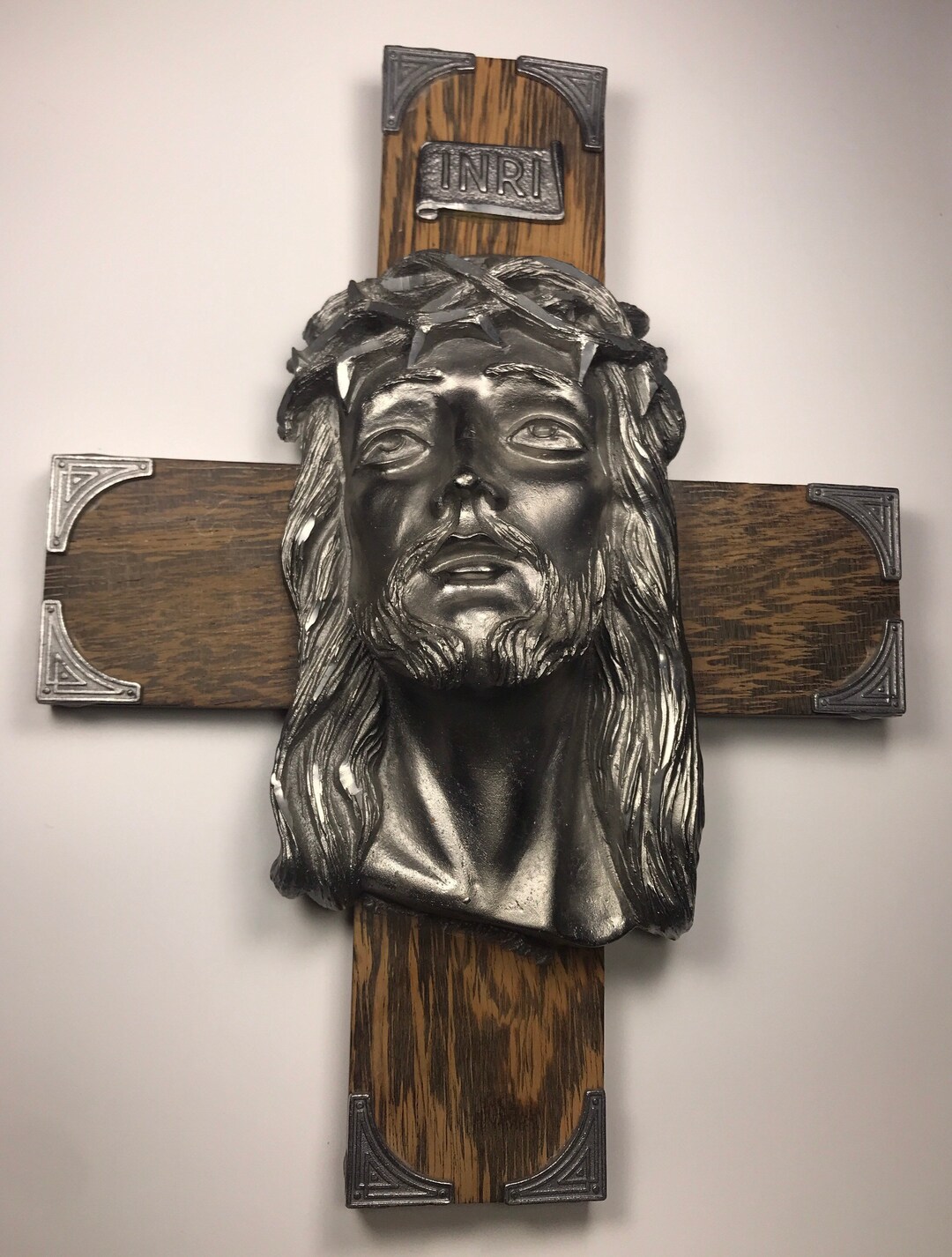 Vintage Solid Wood Cross With Large Silver Jesus - Etsy