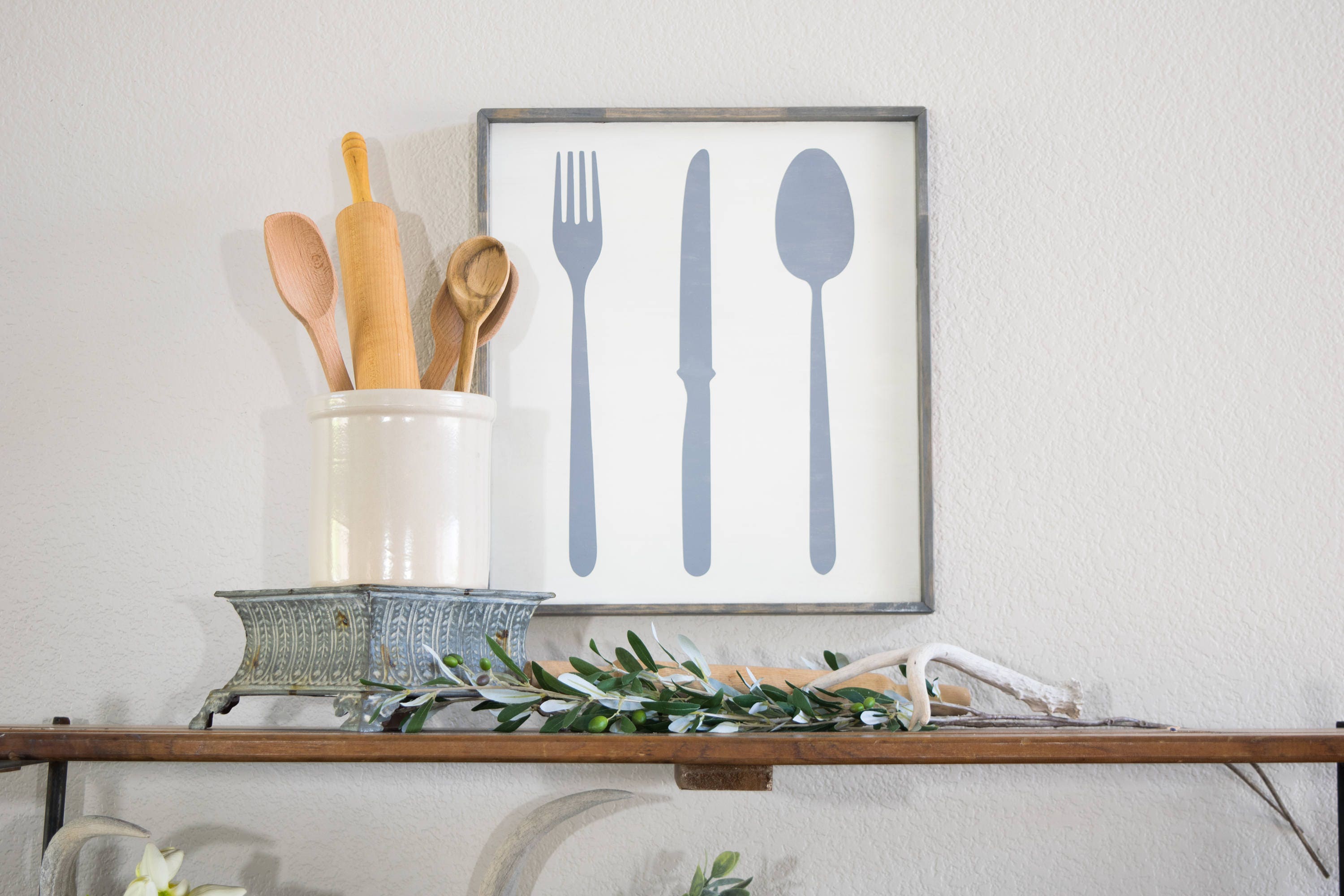 Knife fork and spoon wood sign large 16x18 kitchen utensils | Etsy