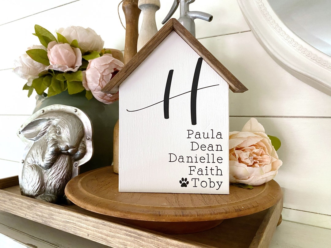 Mini House Sign With Roof With Monogram Initial and Family, Pet Names ...