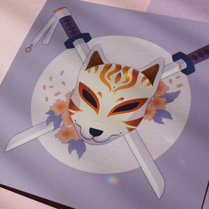 Kitsune & Swords Art Print 150 X 150mm Wall Decor, Anime, Japan, Pastel ...
