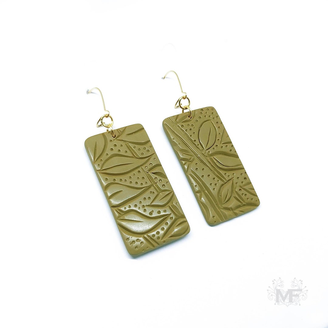 Handmade Olive Green Carved Leaf Polymer Clay Earrings - Etsy