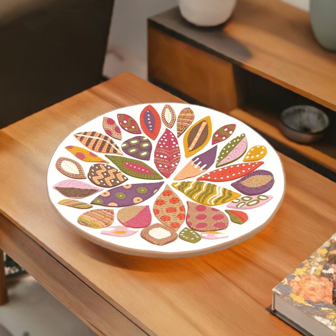 Colorful Leaf Pattern Plate, Artisan Polymer Clay Dish With Textured ...