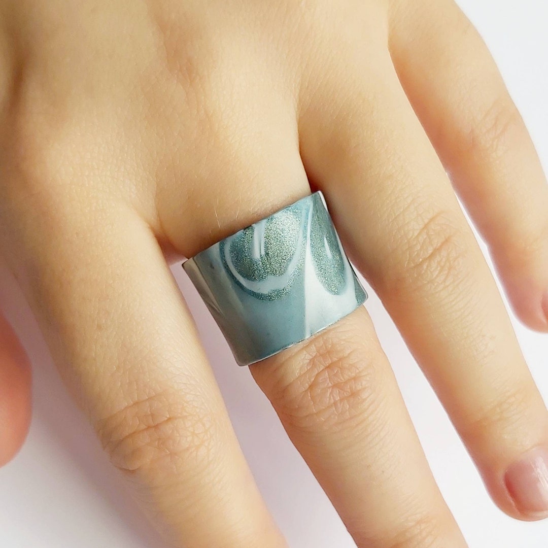 Marbled Statement Teal Band Ring, Handmade With Polymer Clay, Light ...