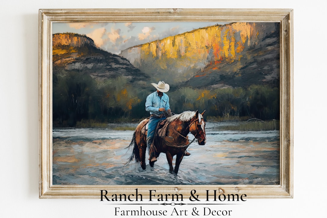 Cowboy River Crossing Wall Art Print | Western Art of Cowboy Riding ...