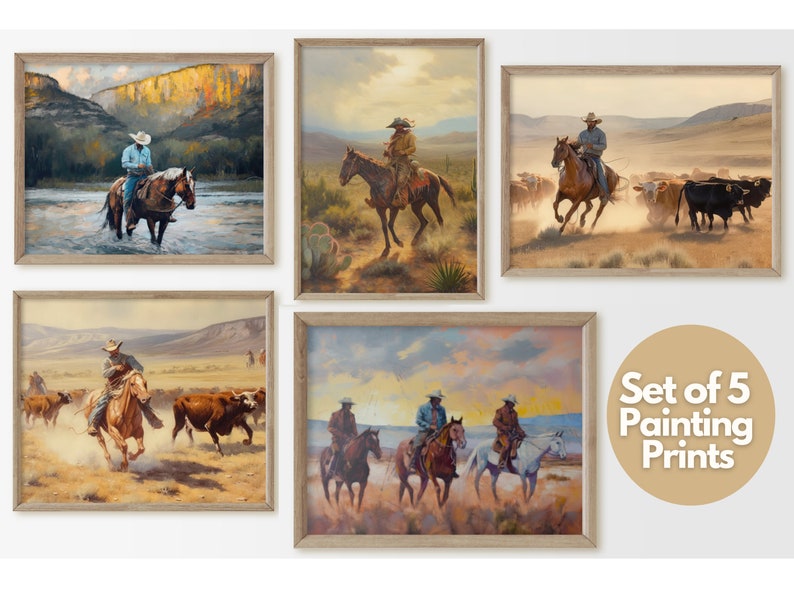 Cowboy Painting Gallery Wall Art Set | Bundle of 5 Cowboy Wall Prints ...