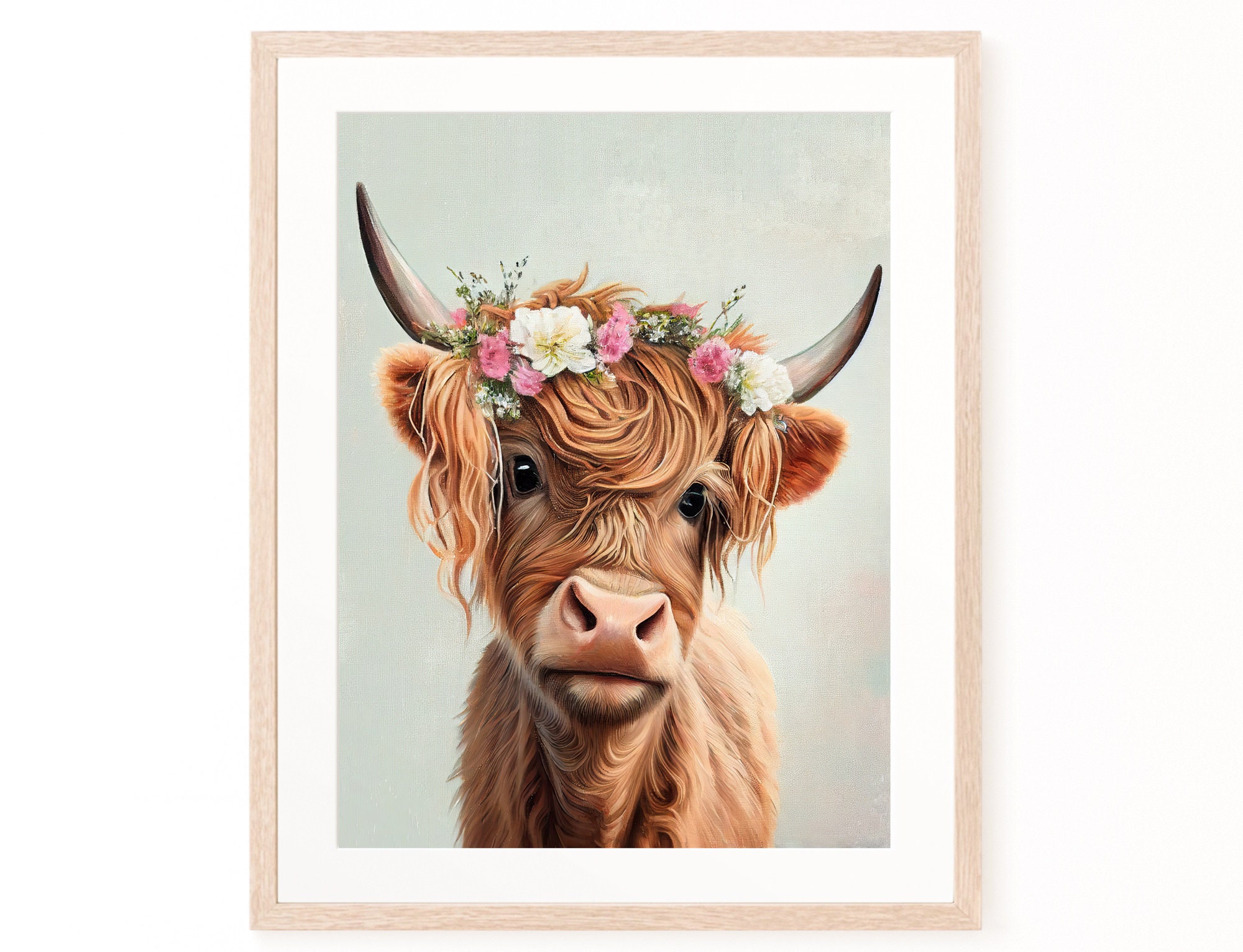 Highland Cow Girl With Flower Crown Wall Art Print Baby Cow Wall Print ...