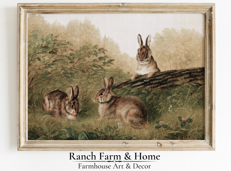 Vintage Rabbit Painting Rabbits on a Log Country Scene Neutral Nursery ...