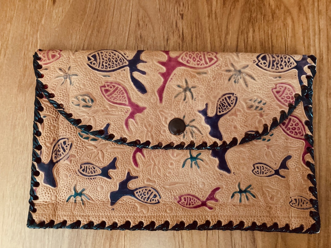 Vintage Leather Tooled Fish Pattern Brown Snap Button Boho Clutch Purse ...