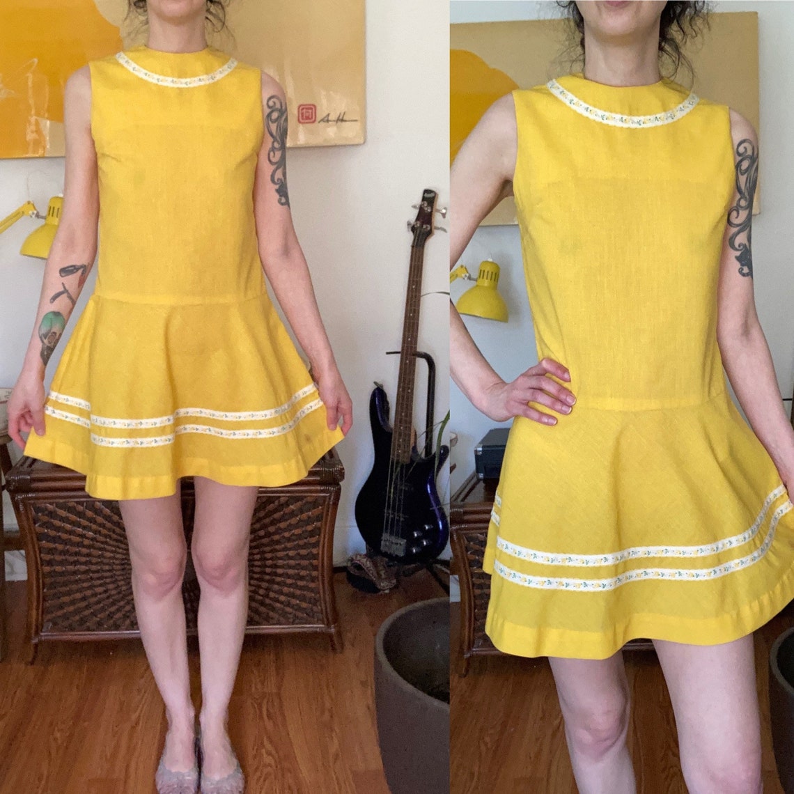 Vintage 60s Yellow// Drop Waist//sleeveless// Floral Pattern/ Back Zip ...