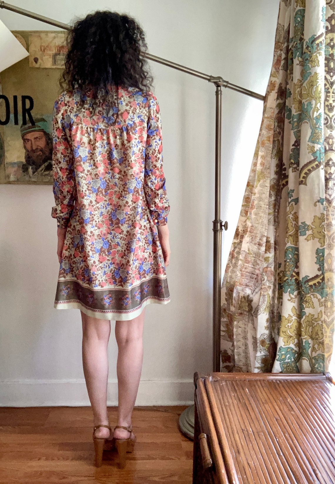 Vintage 70s//scarf Like//floral//long Sleeved//short Dress - Etsy
