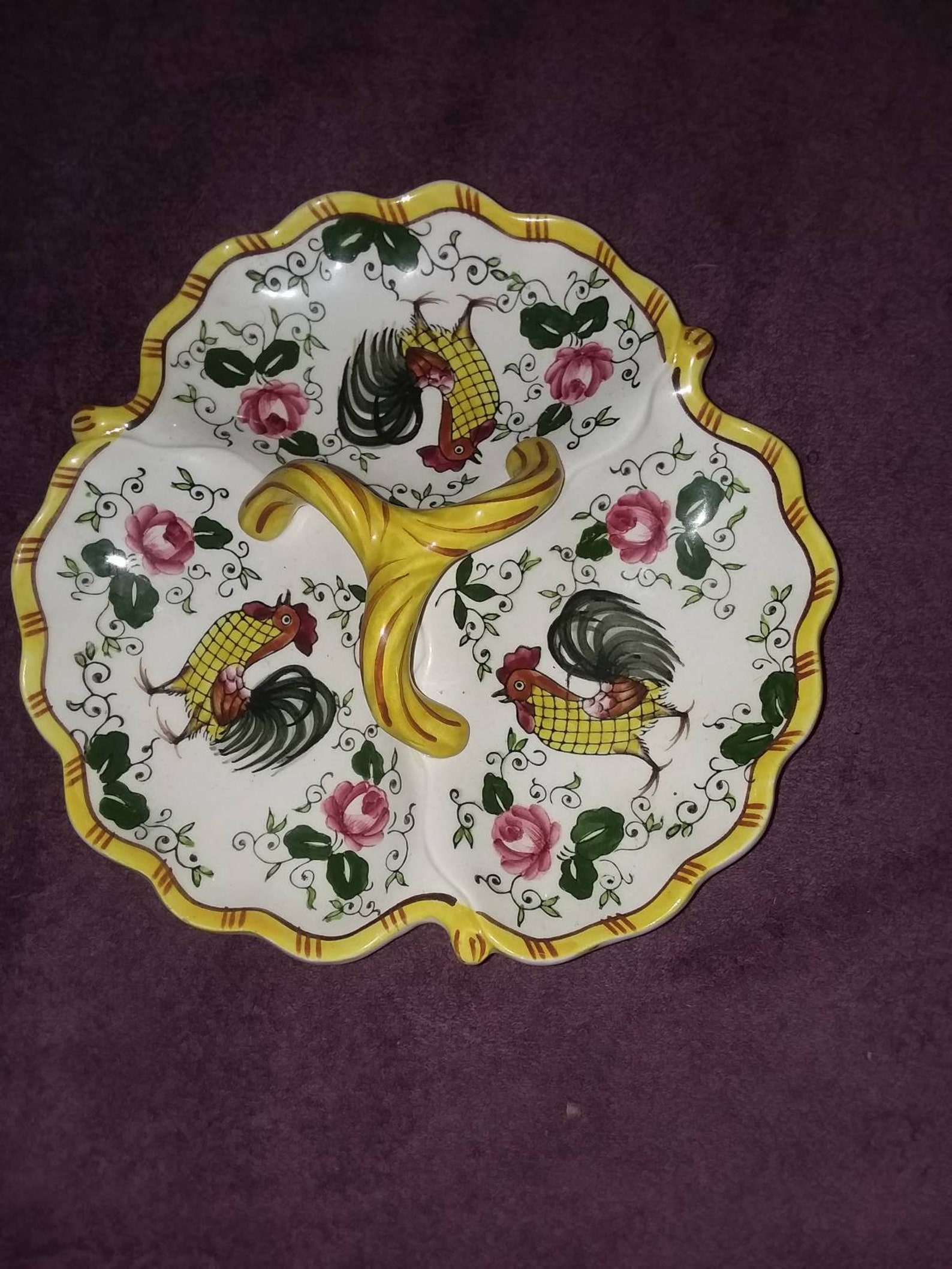 2 Vintage Colorful Holiday Trays ucagco PY Rooster and Roses Candy ...