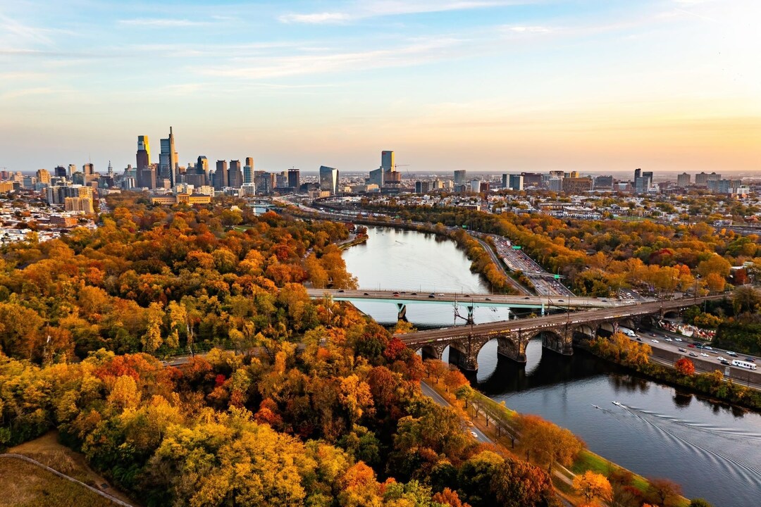 Philadelphia Aerial Skyline Kelly Drive and Schuylkill River Autumn ...