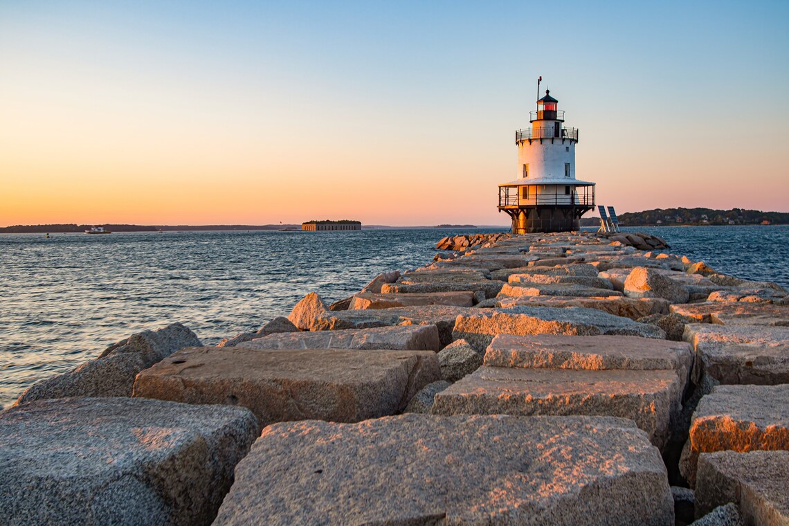 Spring Point Ledge Lighthouse Sunset Portland Maine Landscape Photo - Etsy