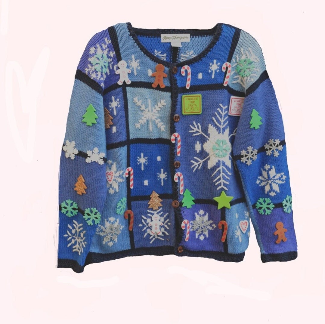 Knitted Cardigan Christmas Sweater Blue Black, White Snowflakes Tress ...