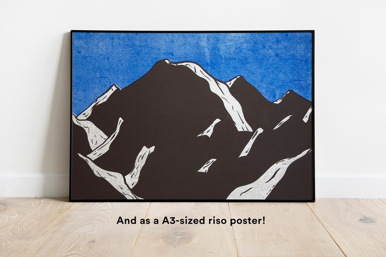 Riso print van bergen tekening, natuur cadeau voor hem, handgemaakte poster muur decoratie ...
