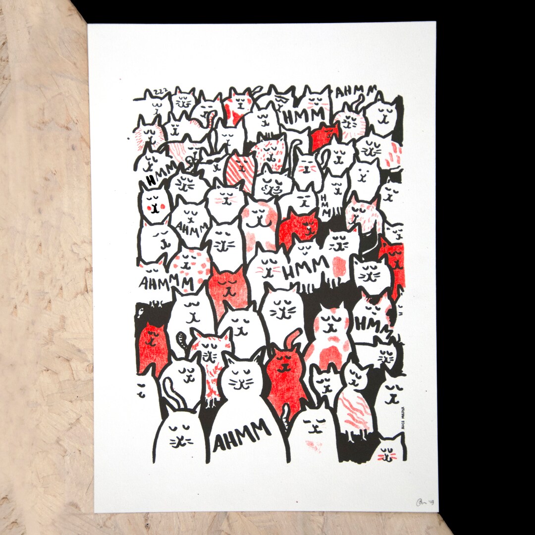 Cats Funny Riso Print for Cat Lover, Birthday Gift Cat Illustration ...