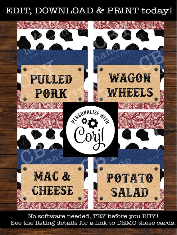 Western Party Food Tent Cards / INSTANT ACCESS / Edit - Etsy