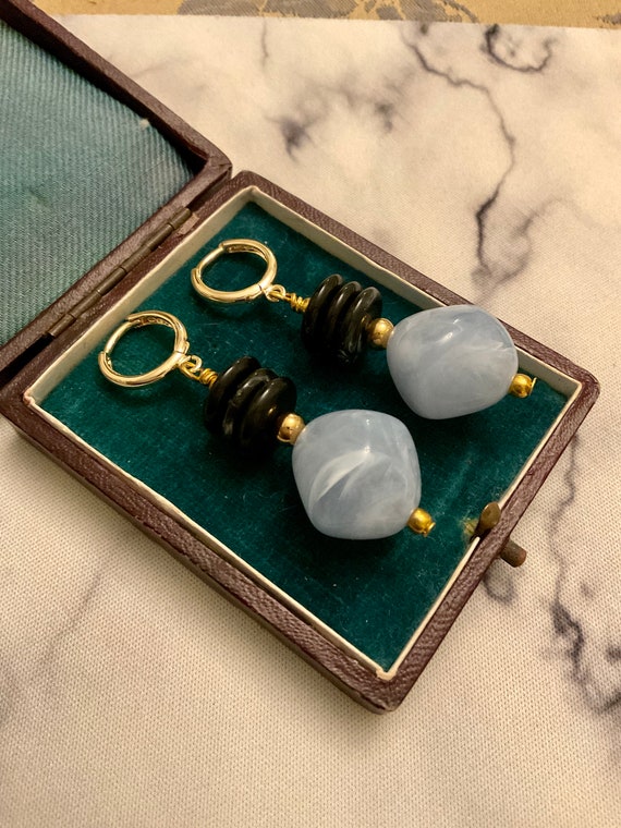 Art Deco Vintage BAKELITE BLUE & BlacK GOLD Plated Ea… - Gem
