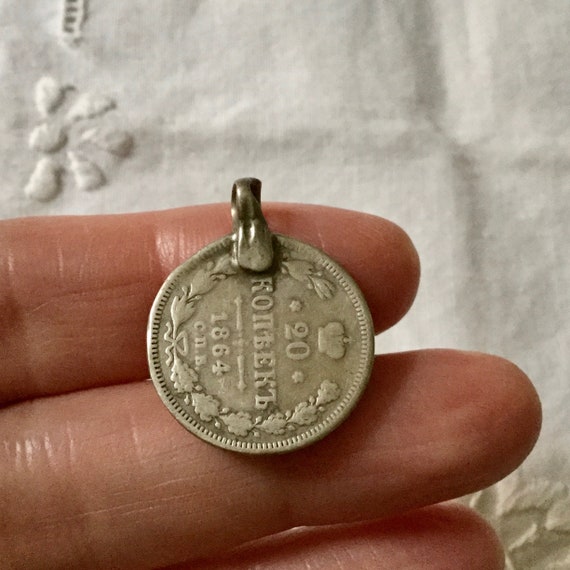 Authentic 1864 20 KOPEK Silver Coin Pendant - Antik V… - Gem