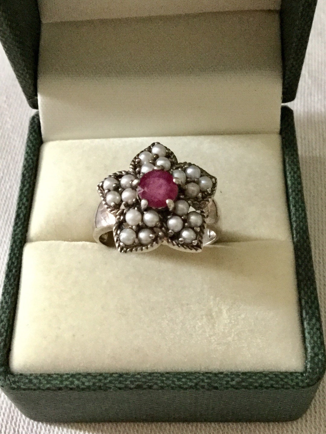Victorian Vintage SEED PEARL RUBY Sterling Ring Genuine Natural Ruby ...
