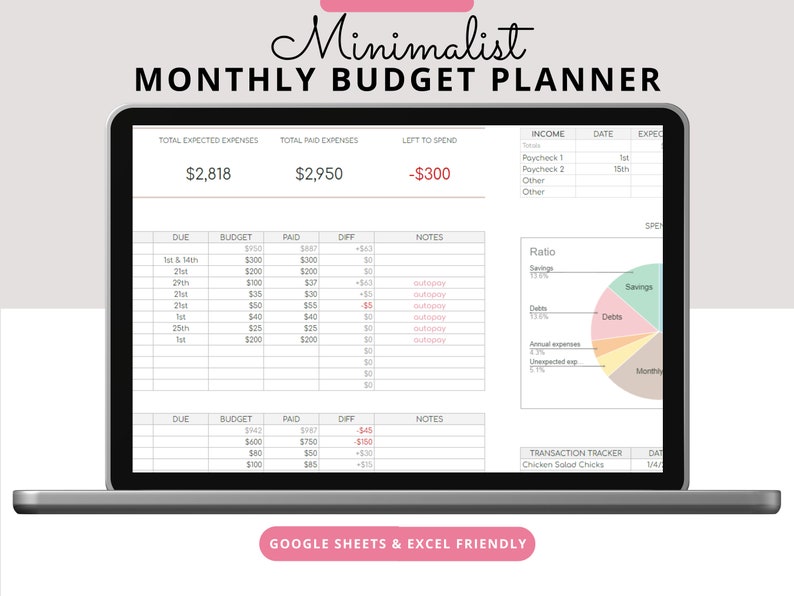 Minimalist Monthly Budget Spreadsheet for Google Sheets, Budget ...