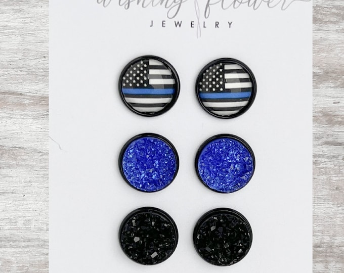 Police Stud Earring Set / Thin Blue Line Flag Earrings / Set of 3 Studs ...