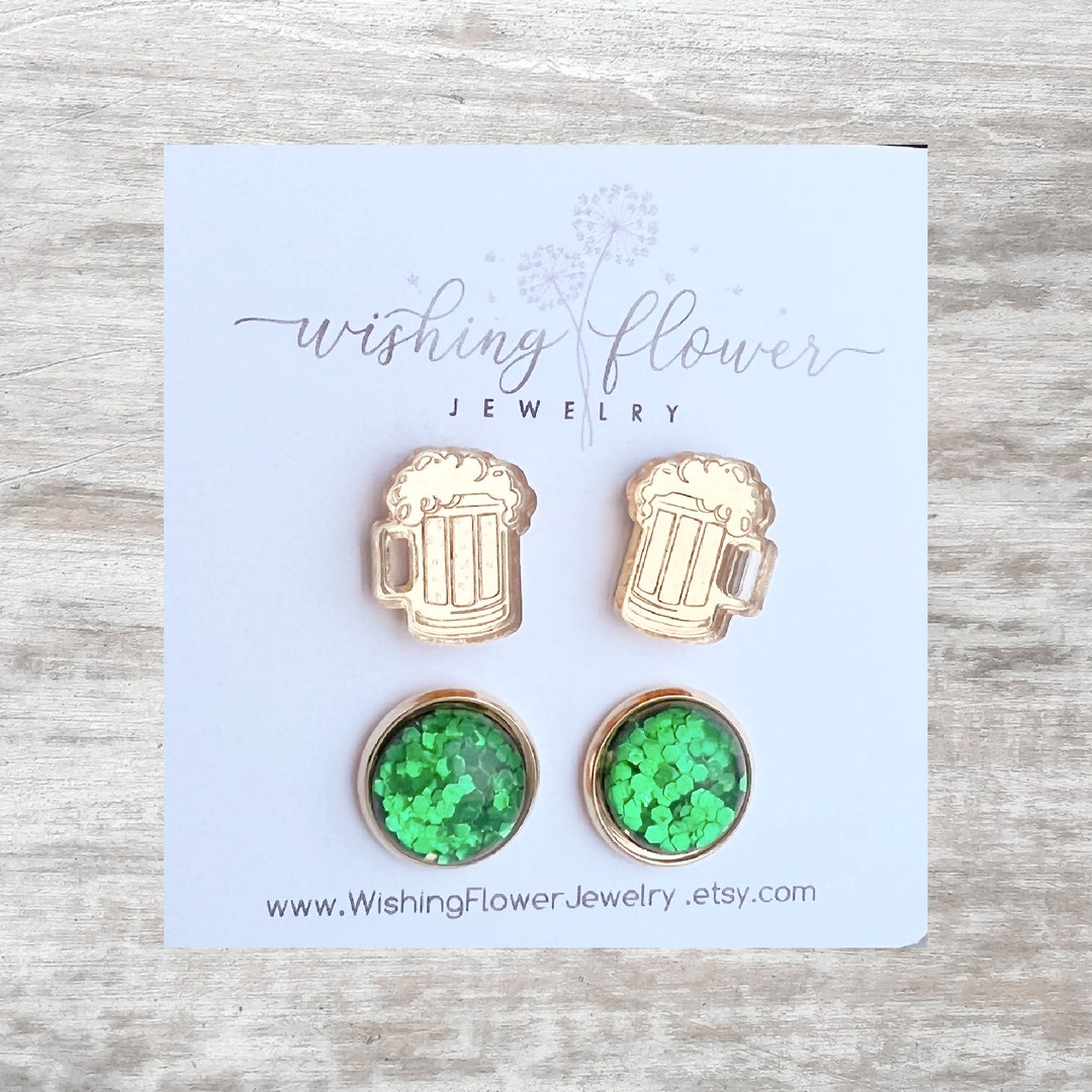 CLEARANCE Beer Mug Stud Earring Set / Green and Gold Studs / Earring ...