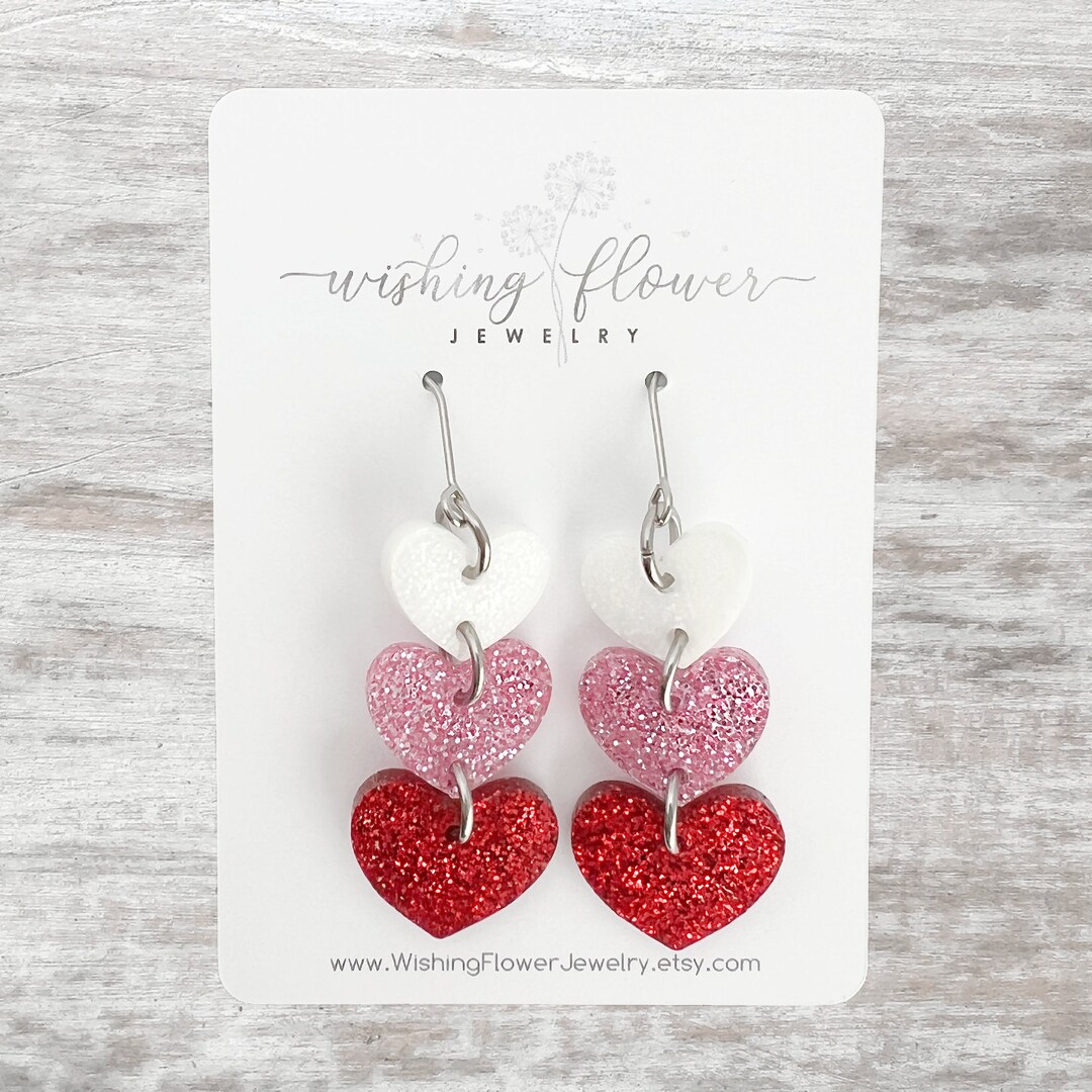Stacked Heart Dangle Earrings / Hypoallergenic Stainless Steel ...