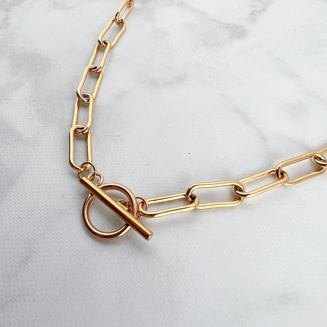 Large Link Gold Stainless Steel Paperclip Necklace: Waterproof Toggle ...
